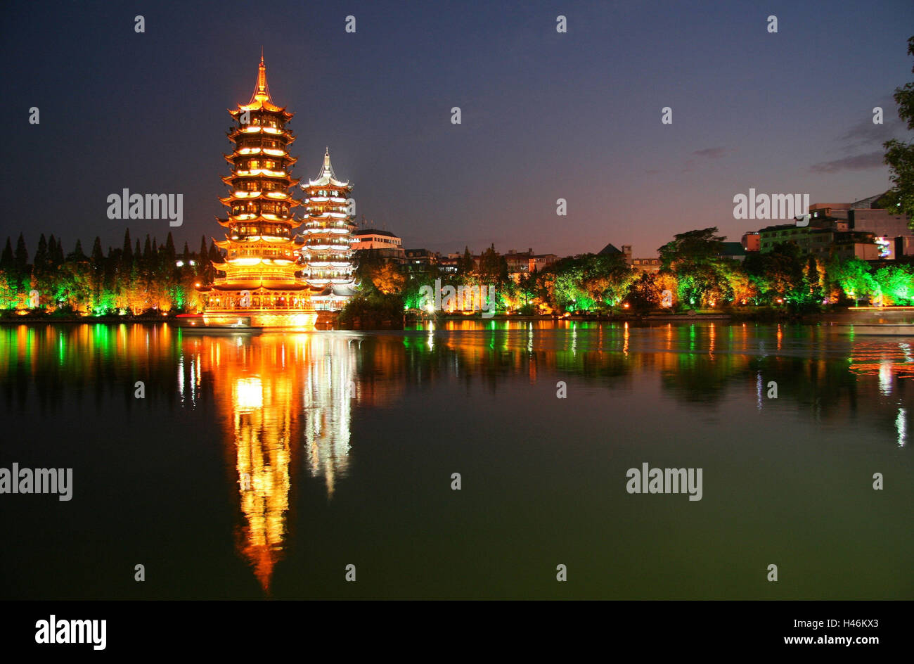 China, Guilin at night, double pagoda 'Riyue Shuang Ta' Stock Photo - Alamy