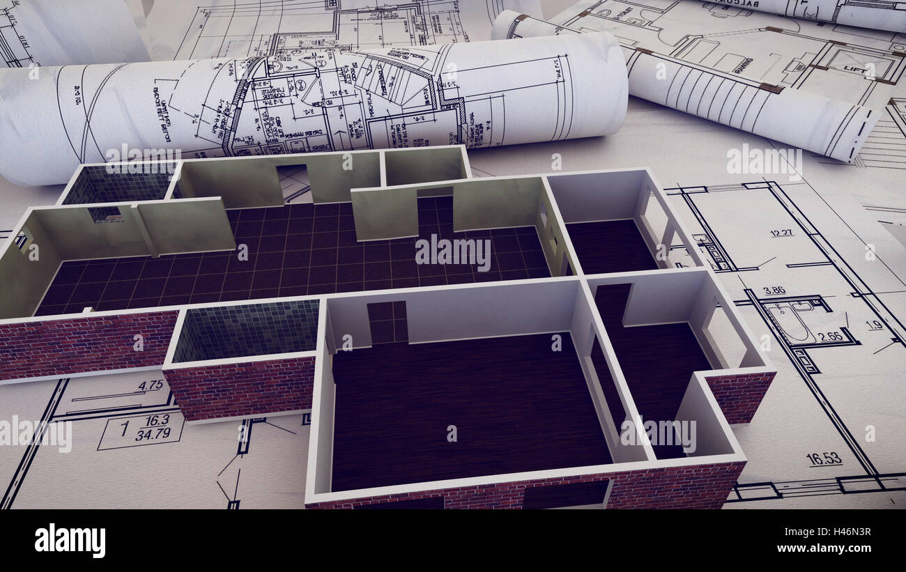 3d rendering of Architect workplace. Architectural project, blueprints ...