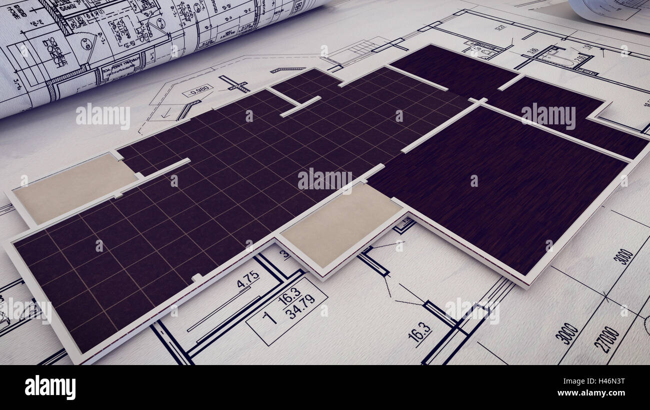 3d rendering of Architectural project, blueprints, blueprint rolls on ...