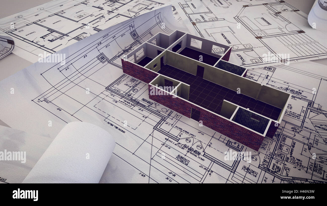 3d rendering of House is building on blueprints Stock Photo - Alamy