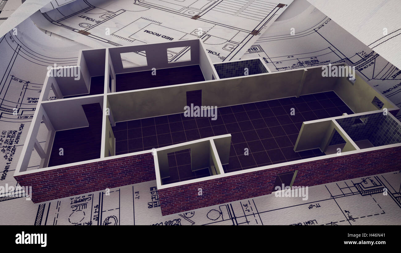 3d rendering of House is building on blueprints Stock Photo - Alamy