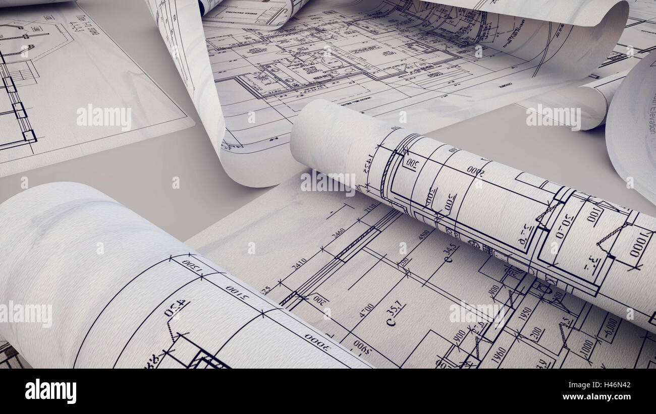 3d rendering of Architectural project, blueprints, blueprint rolls on ...