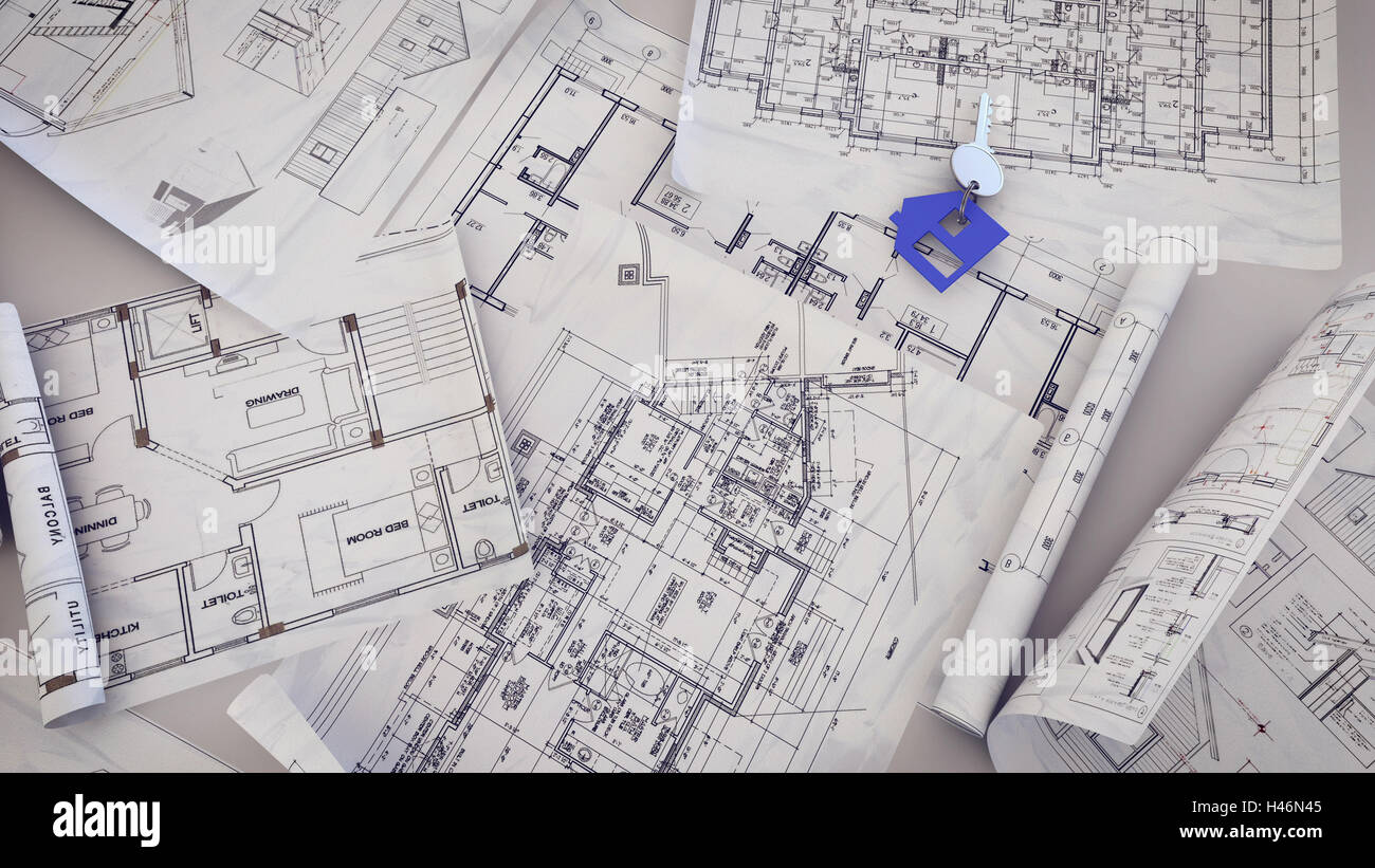 3d rendering of House Key on a blueprints Stock Photo - Alamy