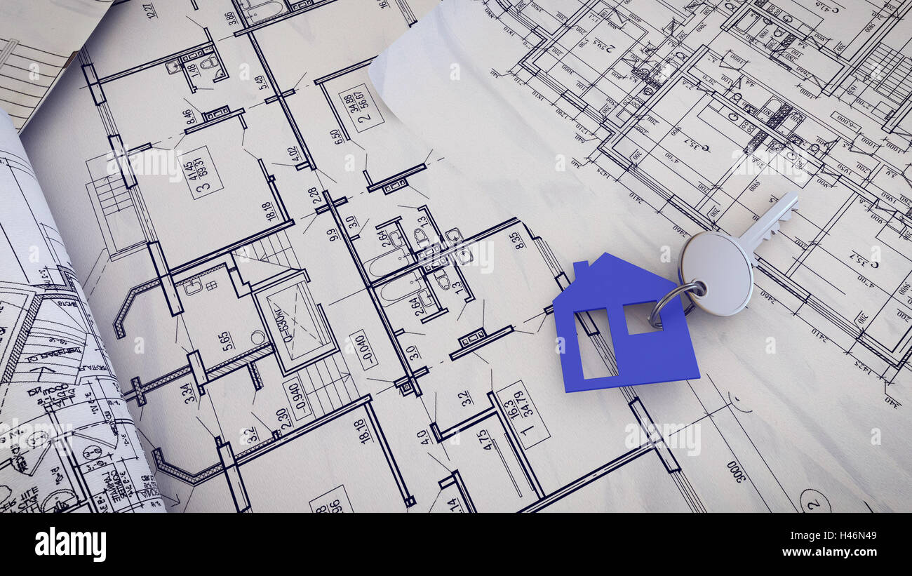 3d rendering of House Key on a blueprints Stock Photo - Alamy