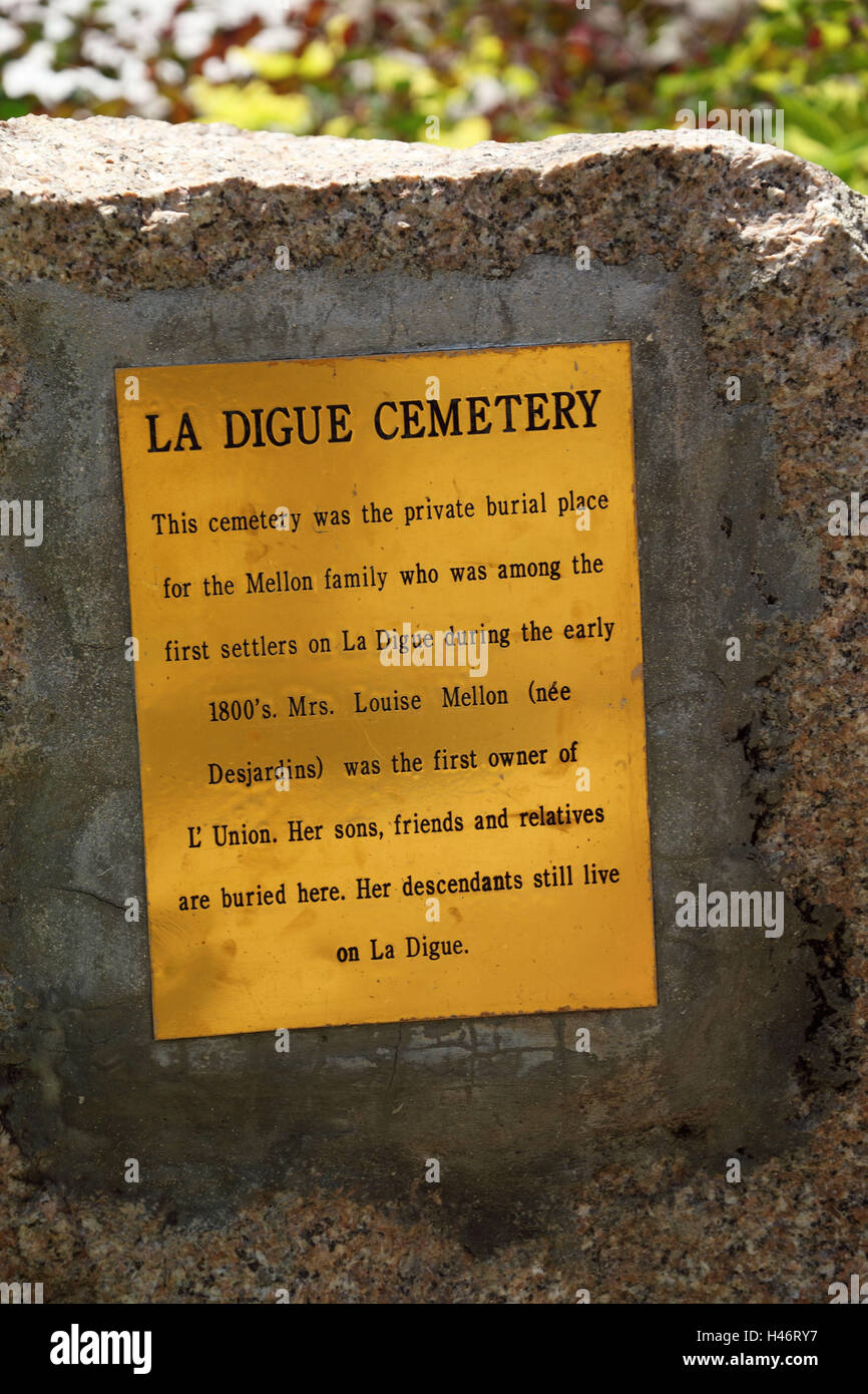 The Seychelles, La Digue, union Estate, decayed cemetery, sign Stock ...