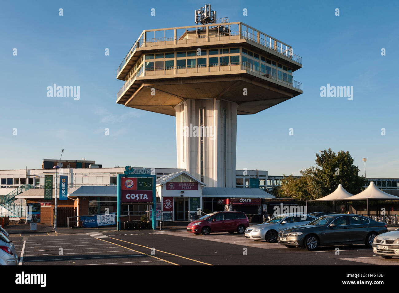 Lancaster (Forton) Services, UK, on the M6 motorway. The Pennine Tower ...