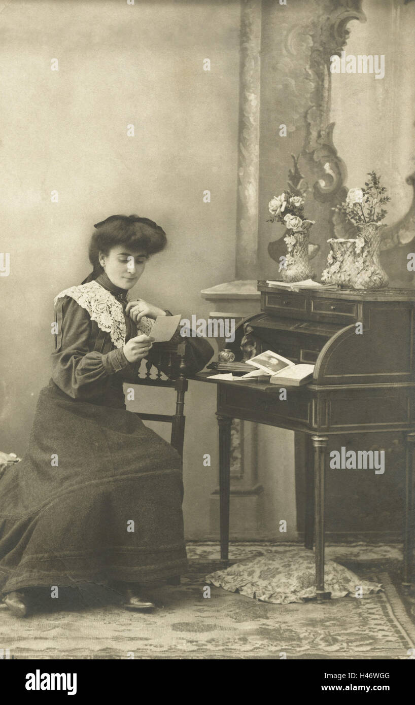 Nostalgia, woman, desk, sit, write, read, b/w, postcard, nostalgic ...