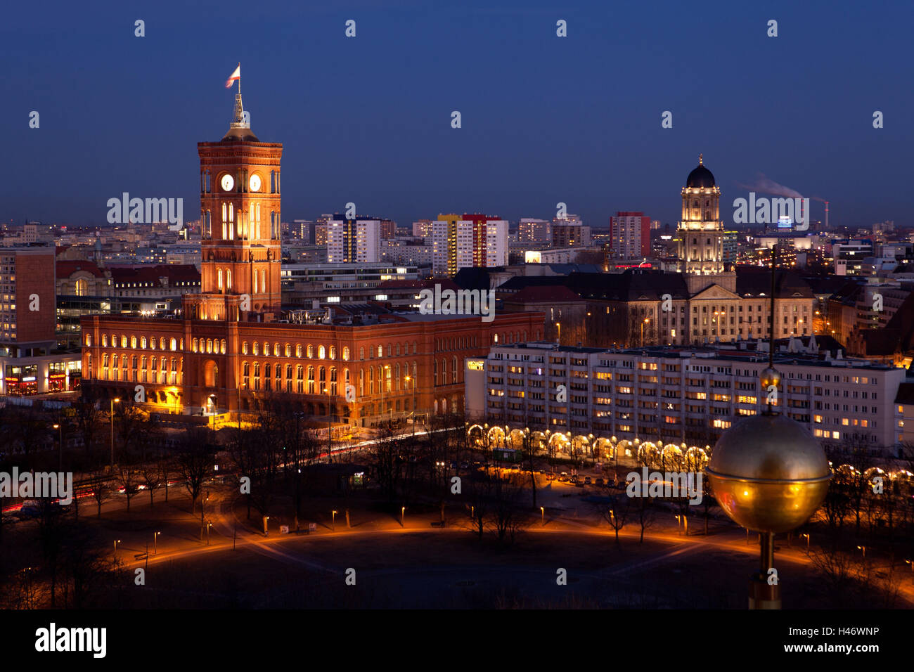 Berlin, view from above, red city hall, castle square, evening Stock ...