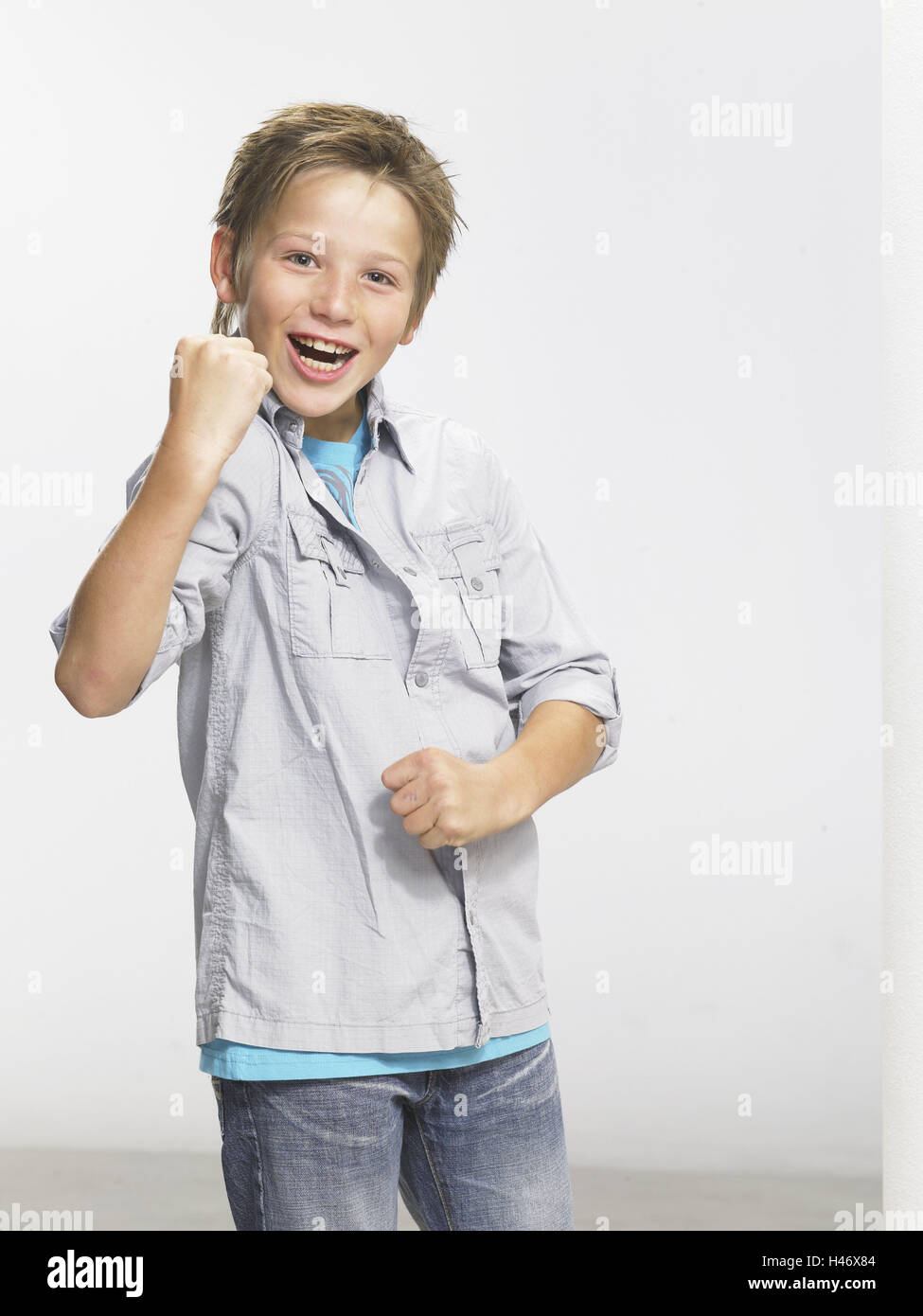 Boy, laugh blond, gesture, fist, model released, people, child, happy ...