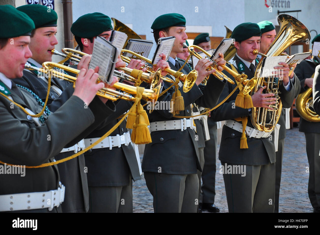 Germany, Bavaria, Mittenwald, military marches, band, upper market ...