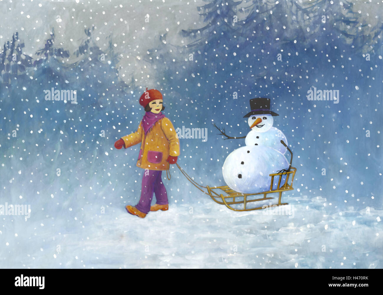 Subscription, child, snowman, slide, drag, snowing, illustration ...