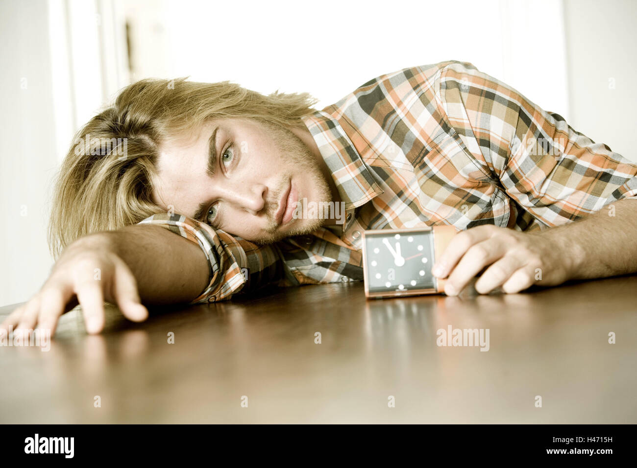 Man, sit young, table, alarm clocks, portrait, person, blond, long ...