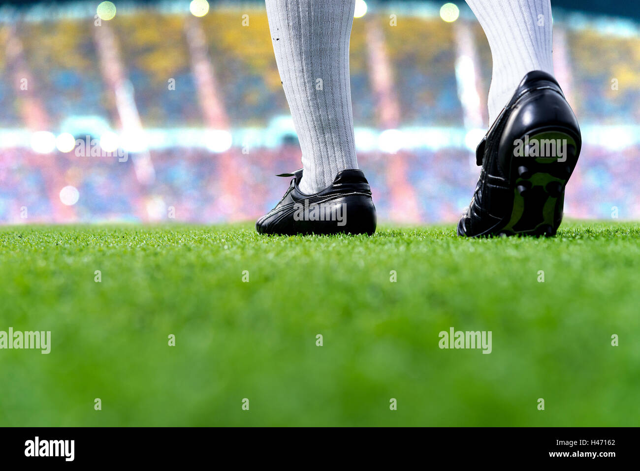 Foot of soccer player or football player walk on green grass ready to ...