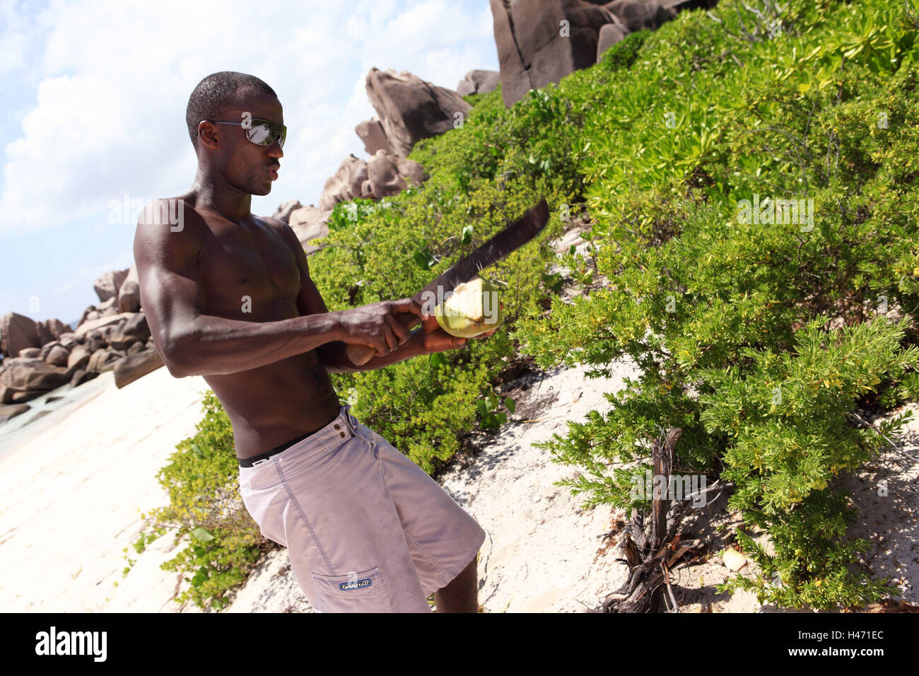 The Seychelles, beach, young man opens coconut Stock Photo - Alamy