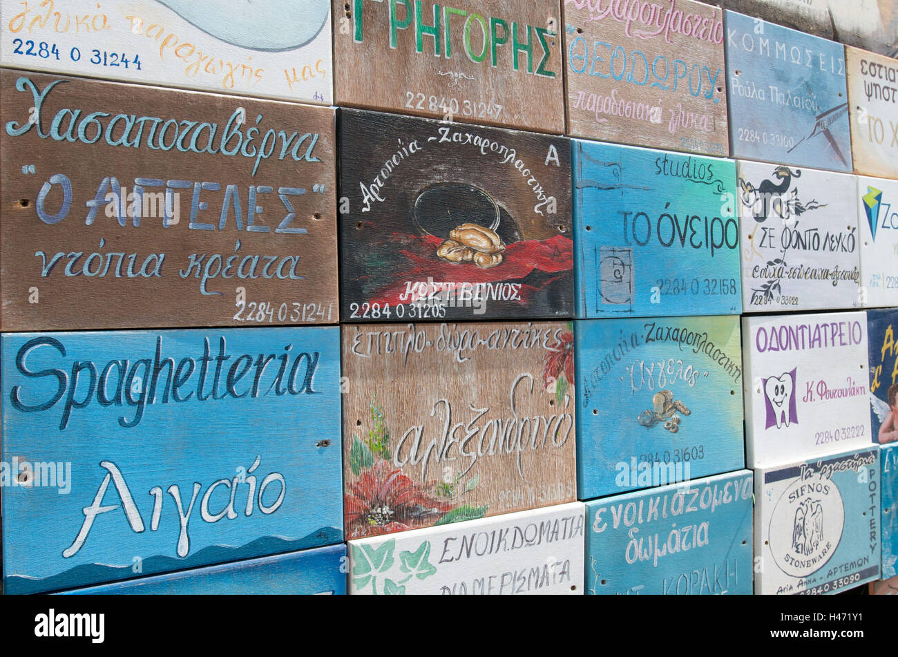 Signs, many, colourful, Artemonas, island Sifnos, the Cyclades, Greece ...
