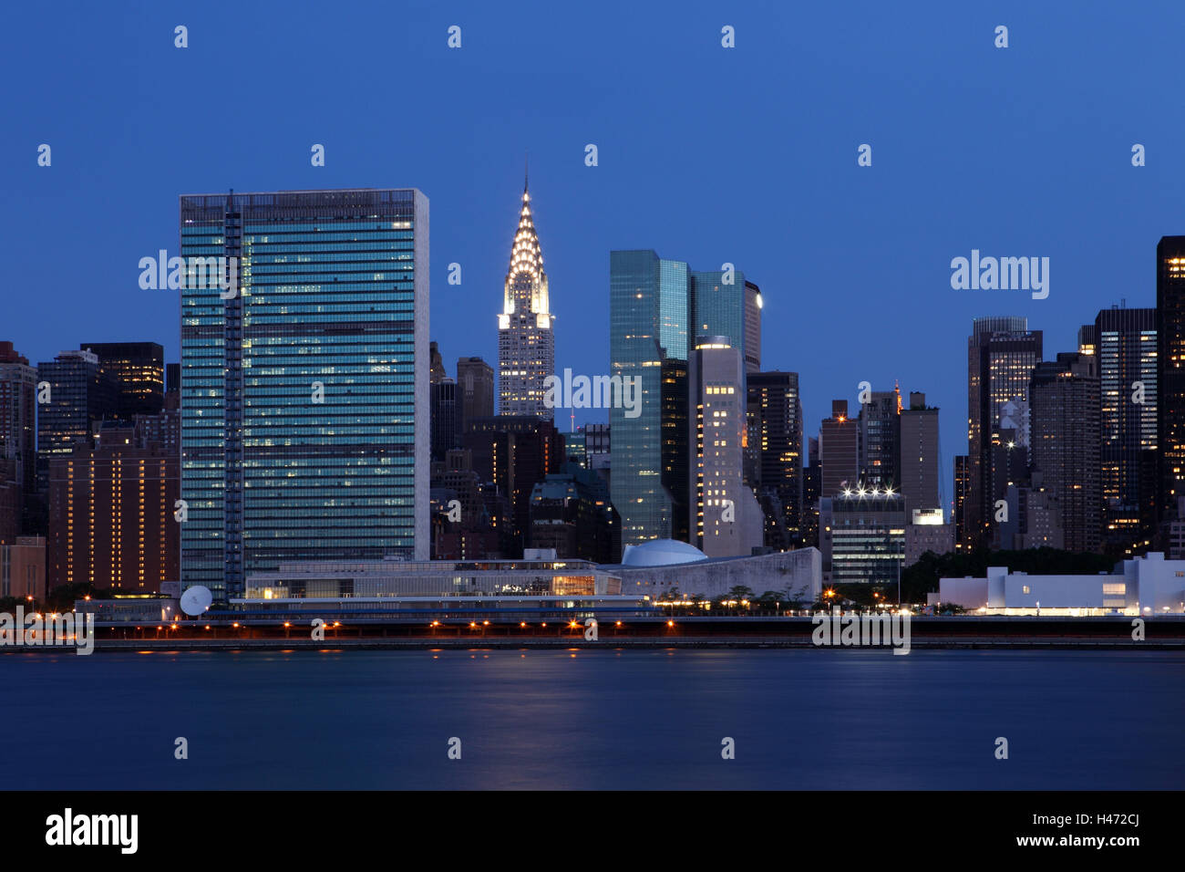 USA, New York City, Manhattan, UN and Chrysler Building, daybreak, view ...