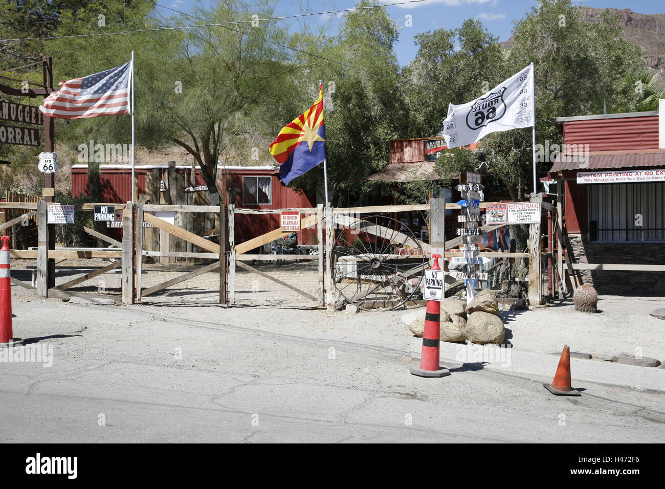 The USA, Arizona, Oatman, route 66, building, flags Stock Photo - Alamy