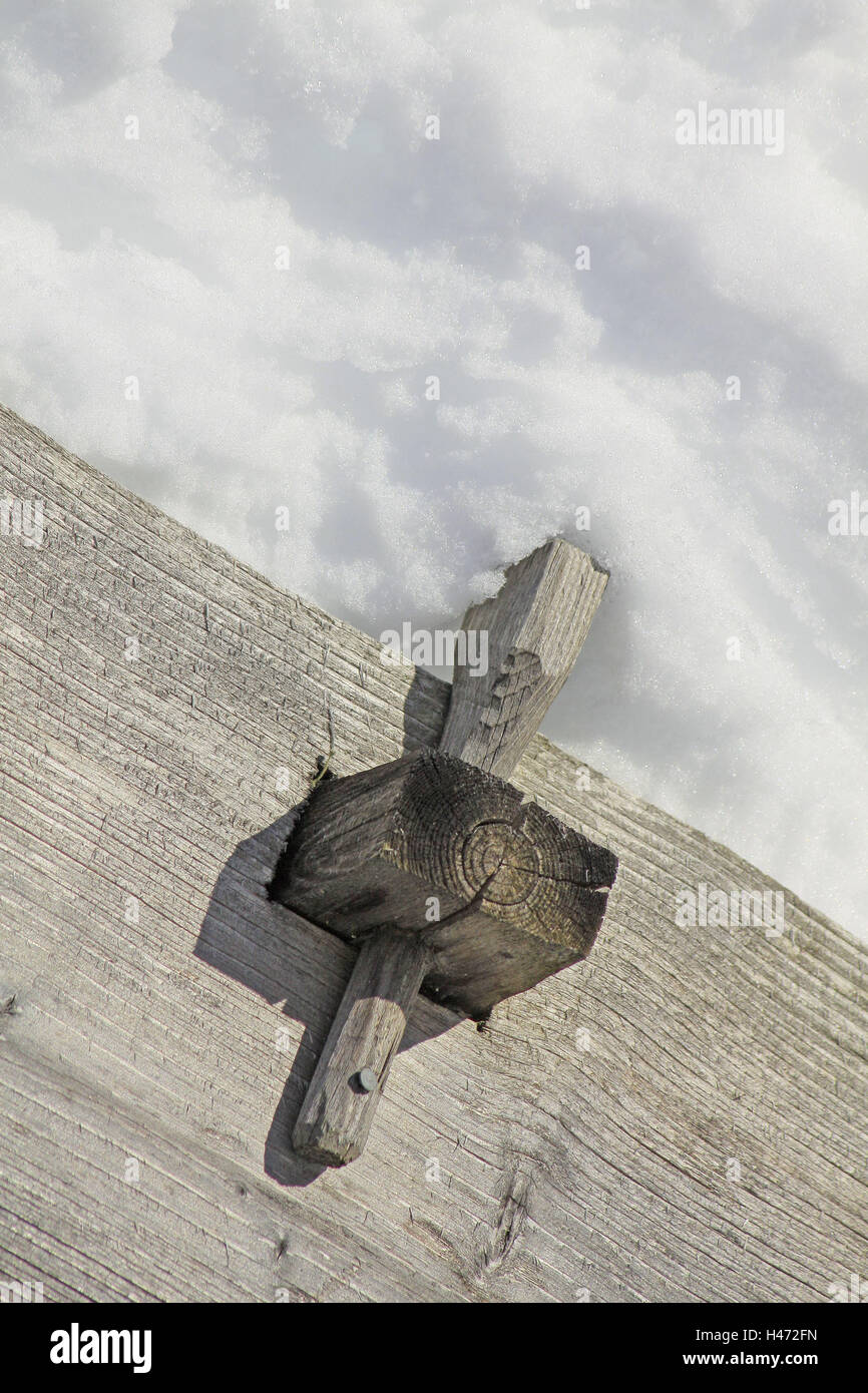 wooden hut, detail, snow, nail, treenail, Germany, Bavaria, Upper ...