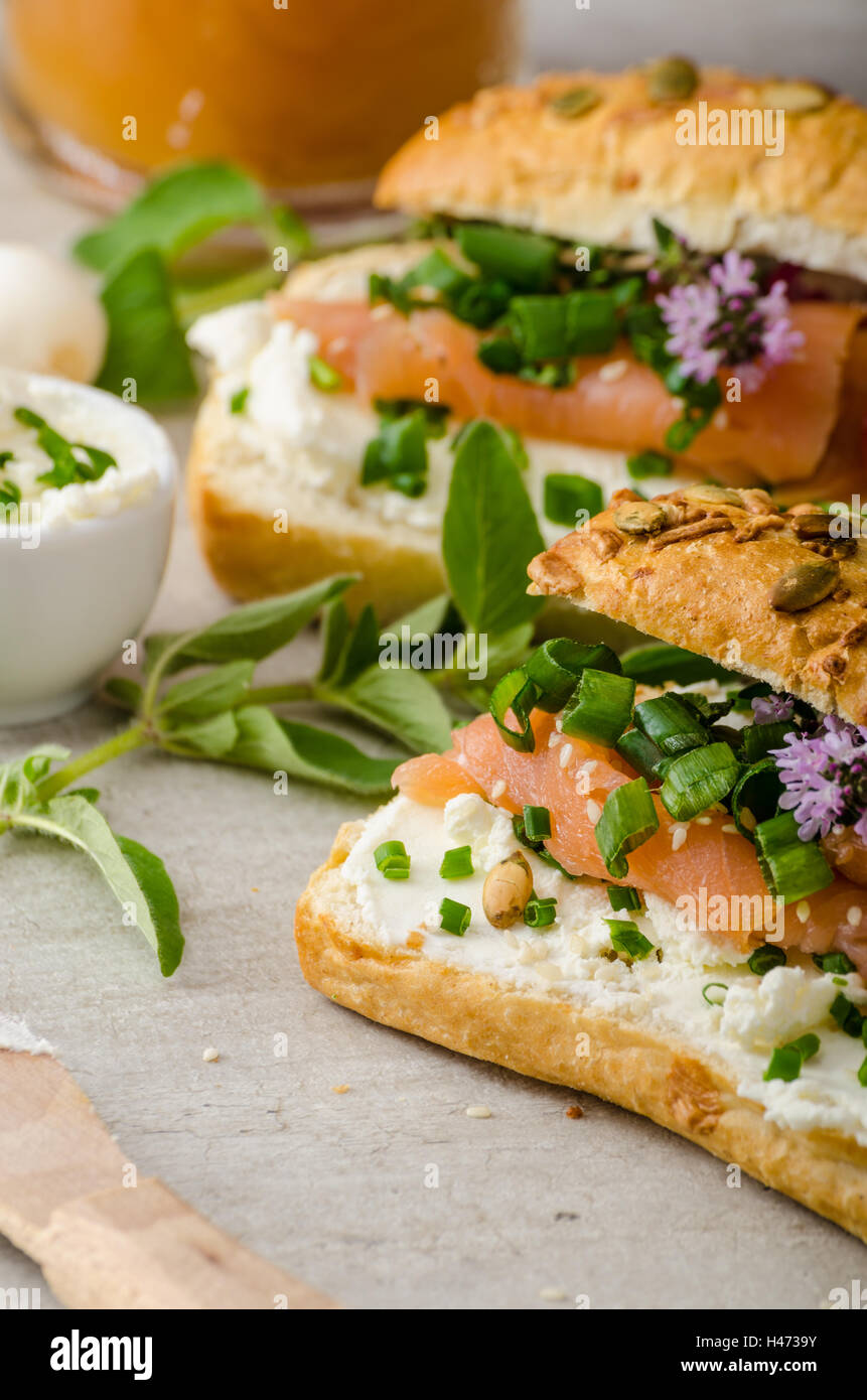 Healthy Fish snack - wholemeal baguette with cream cheese, seeds and ...