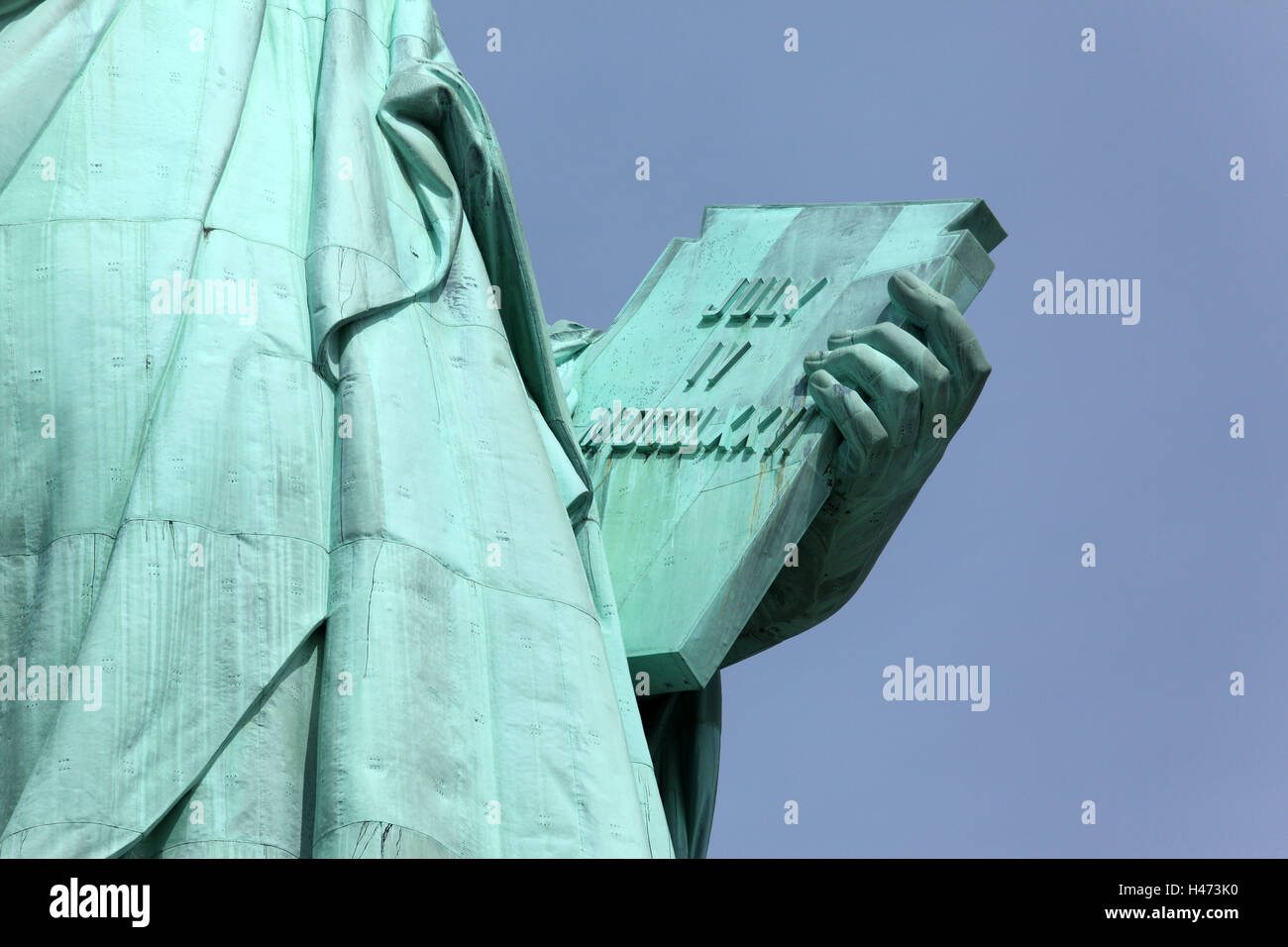 The USA, New York city, the Statue Liberty, detail, arm with notice ...