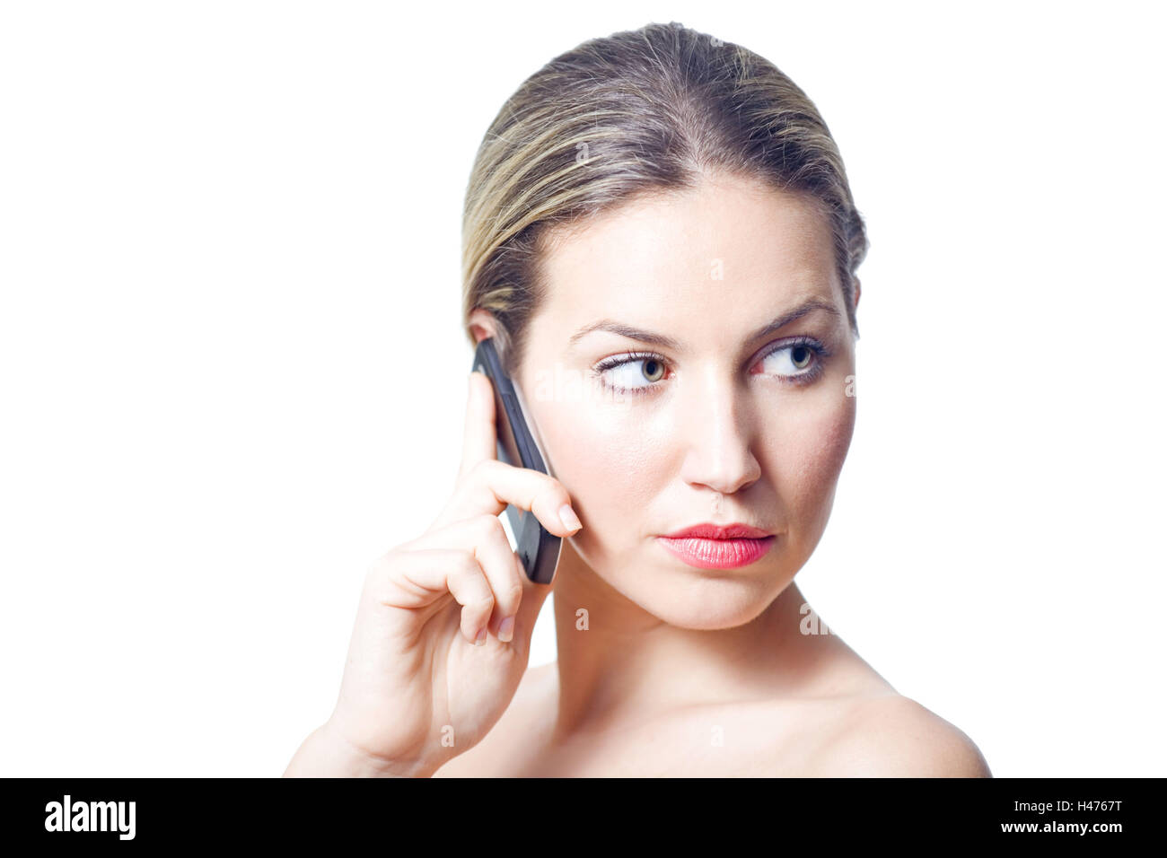 Woman, mobile phone, call up, view side view, portrait Stock Photo - Alamy