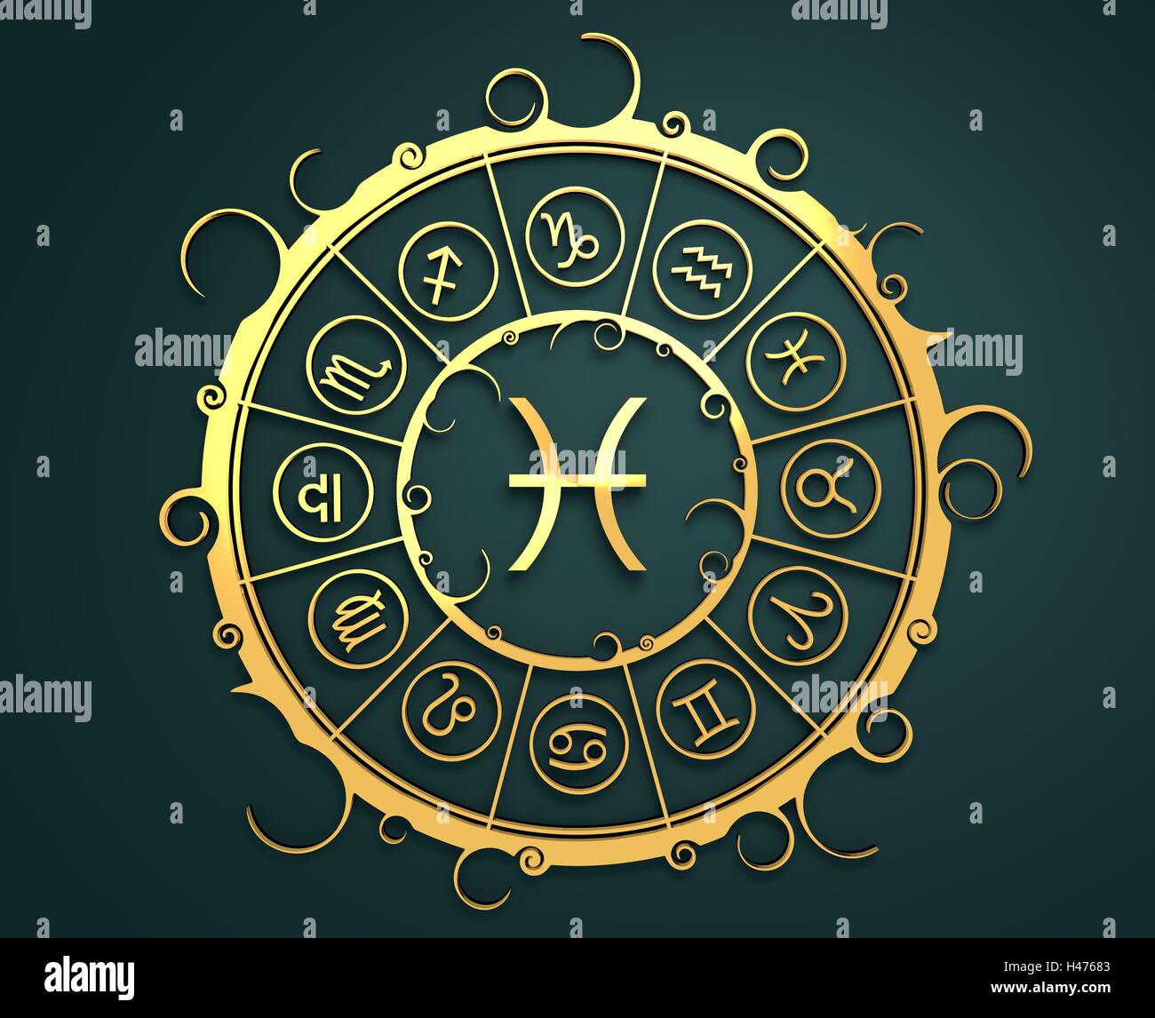 Astrology symbols in golden circle. The fish sign Stock Photo - Alamy