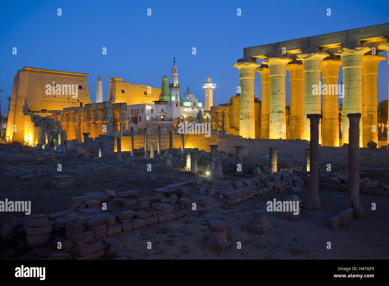 Egypt, Luxor, Luxor temple, pylon with obelisk and pillar colonnade, in ...
