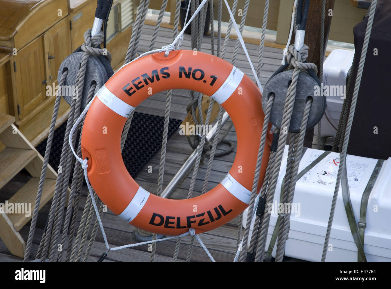 Lifebelt aboard a sailing ship Stock Photo - Alamy