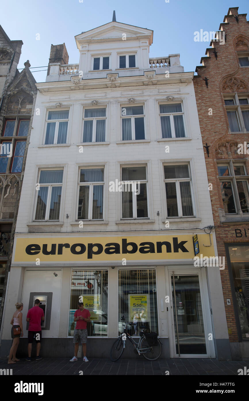 Europa bank in The Main square in Bruges Belgium on a hot summers day ...