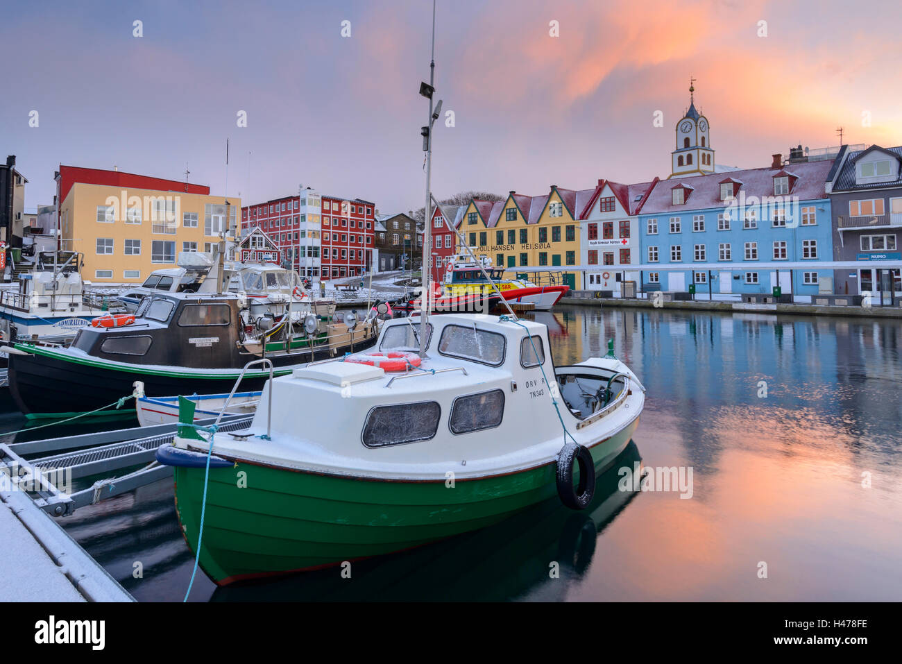 Boats moored in Torshavn harbour at sunrise, Faroe Islands, Denmark ...