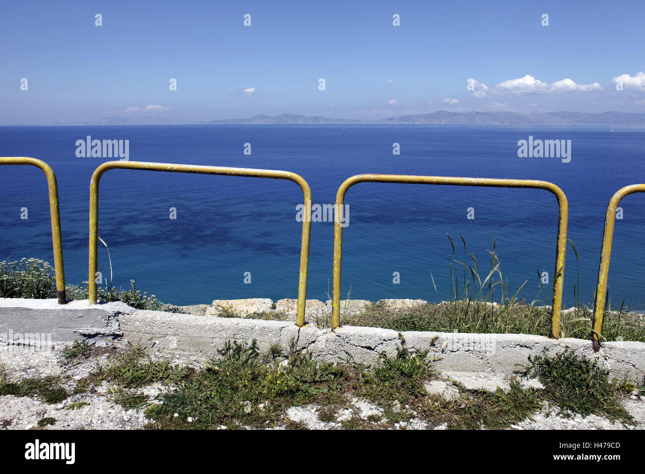 Greece, Rhodes, railing, view, rail, sea, water, mountains, protection ...