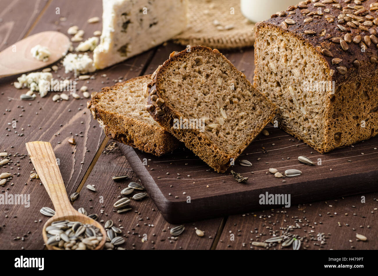 Whole wheat bread baked at home, bio ingredients, very healthy with ...