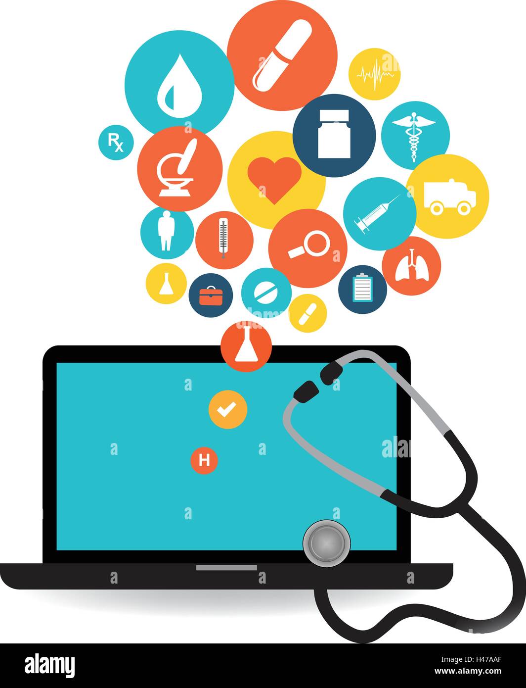 Laptop with Blue screen with colorful medical application icons. Health ...