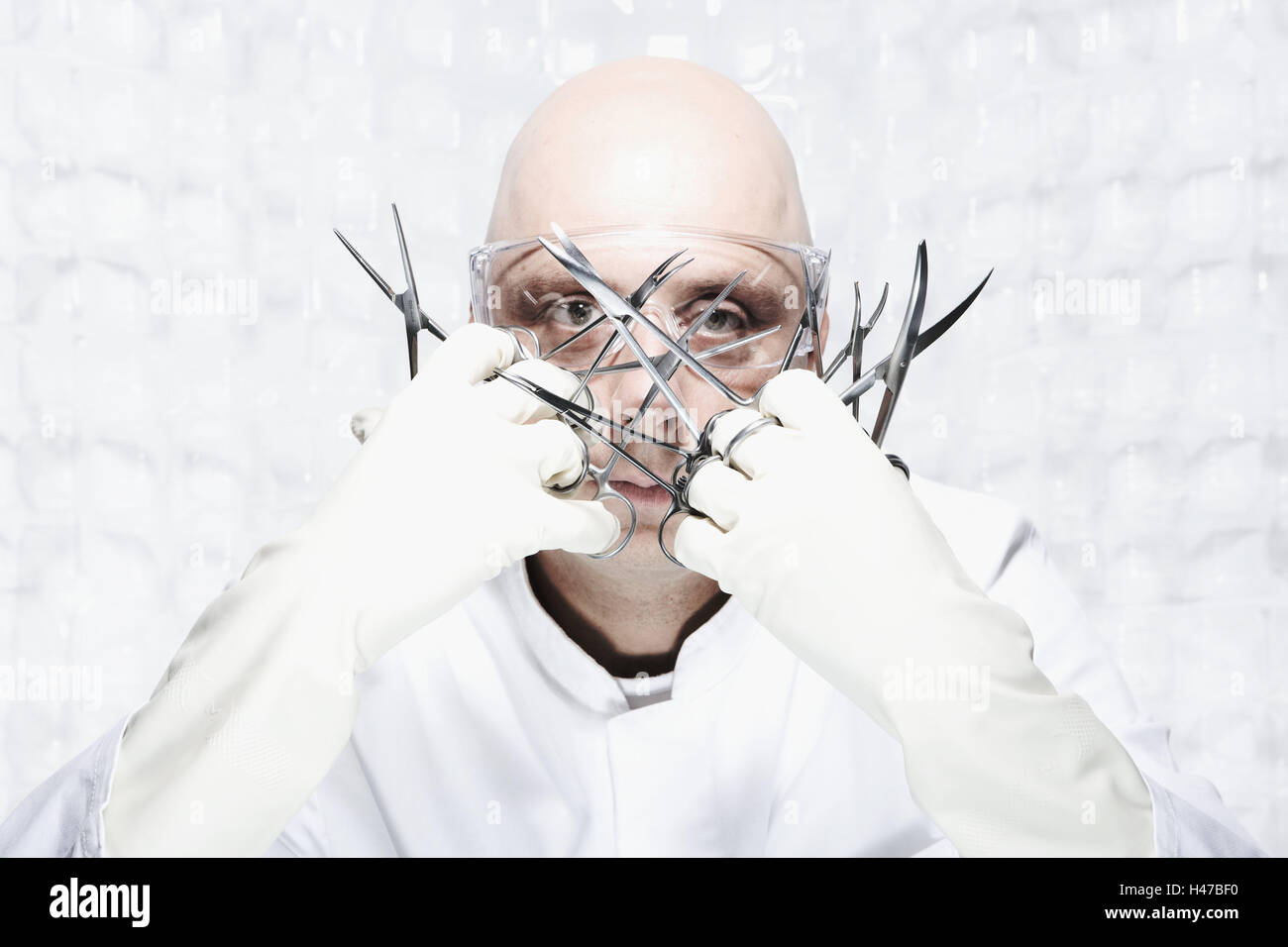 Laboratory, scientist, scissors, connecting terminals, huge number ...