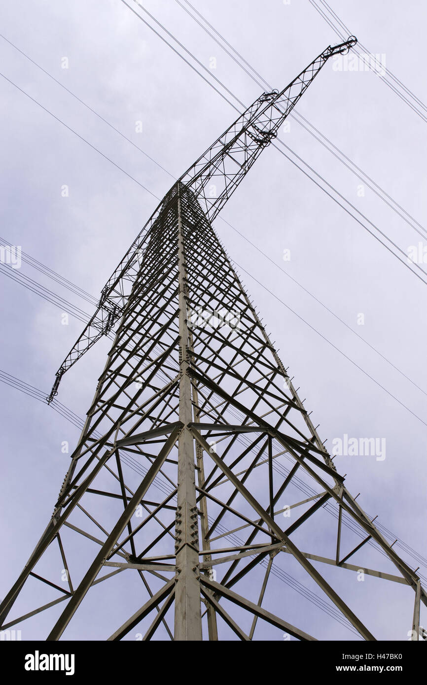 High-voltage poles, from below, power poles, masts, construction, steel ...