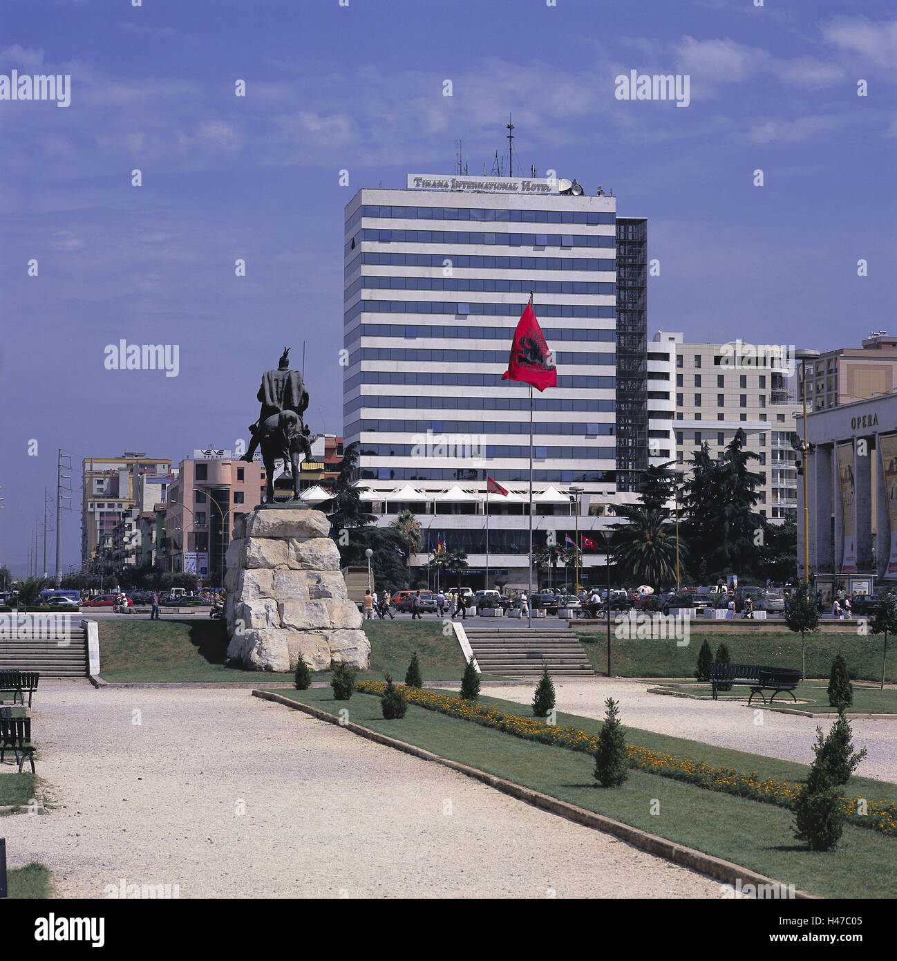 Albania, Tirana, Skanderbeg space, equestrian statue, high rises ...