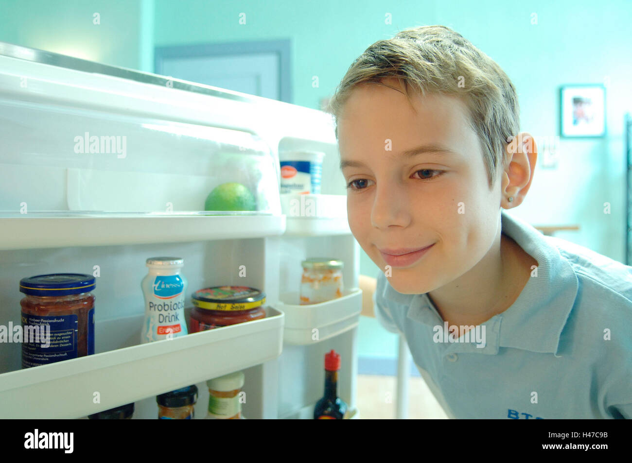 Boy, fridge door, open, smile, portrait, person, child, fridge, open ...