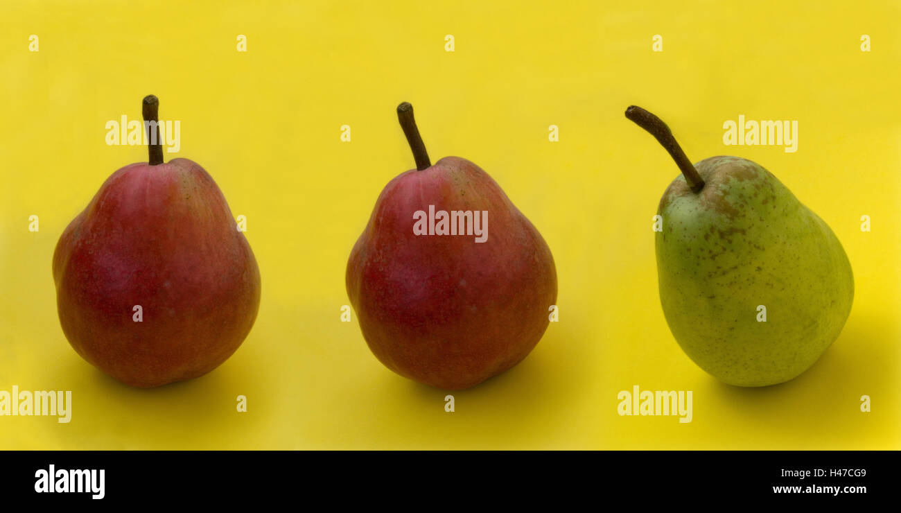 Pears, three, fruit, fruits, differently, red, green, yellow, series ...