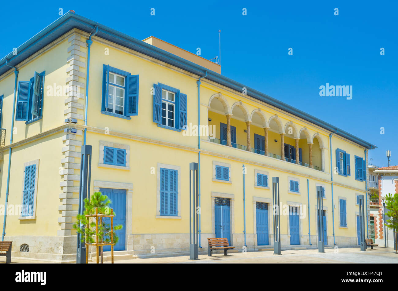 The colorful building located on the University square of Limassol ...