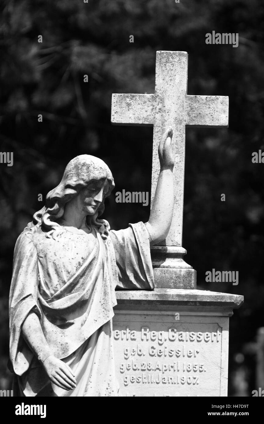 grave yard, grave, statue, female, cross, tombstone, s/w Stock Photo ...