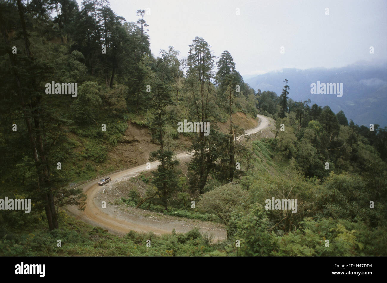 Bhutan, to the east Thimphu, highland, mountain road, bends, passenger ...