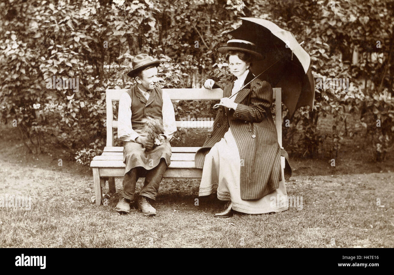 Nostalgia, man, flowers, woman, umbrella, park bench, b/w, postcard ...