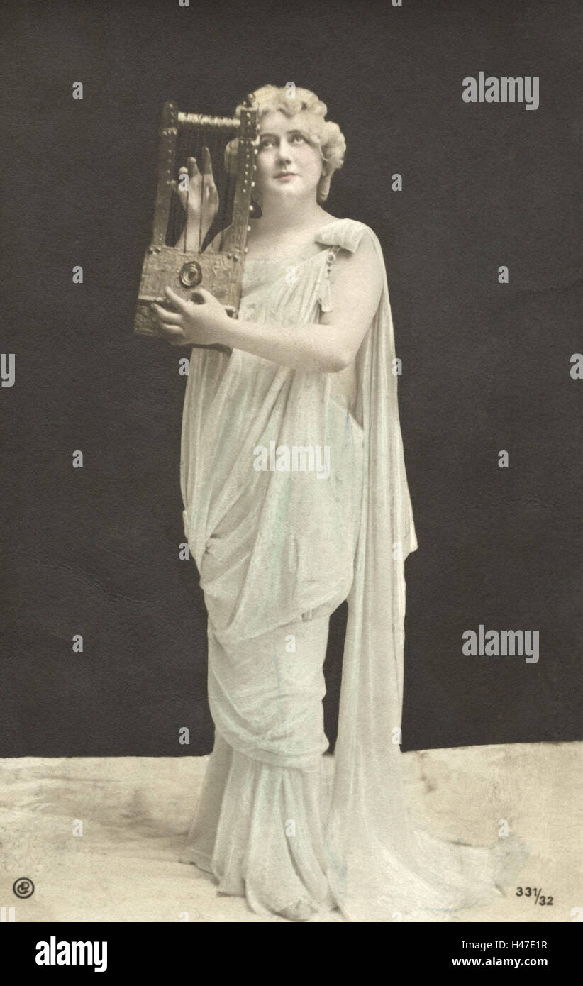 Nostalgia, woman, dress, Lyra, b/w colored, postcard, nostalgic Stock ...