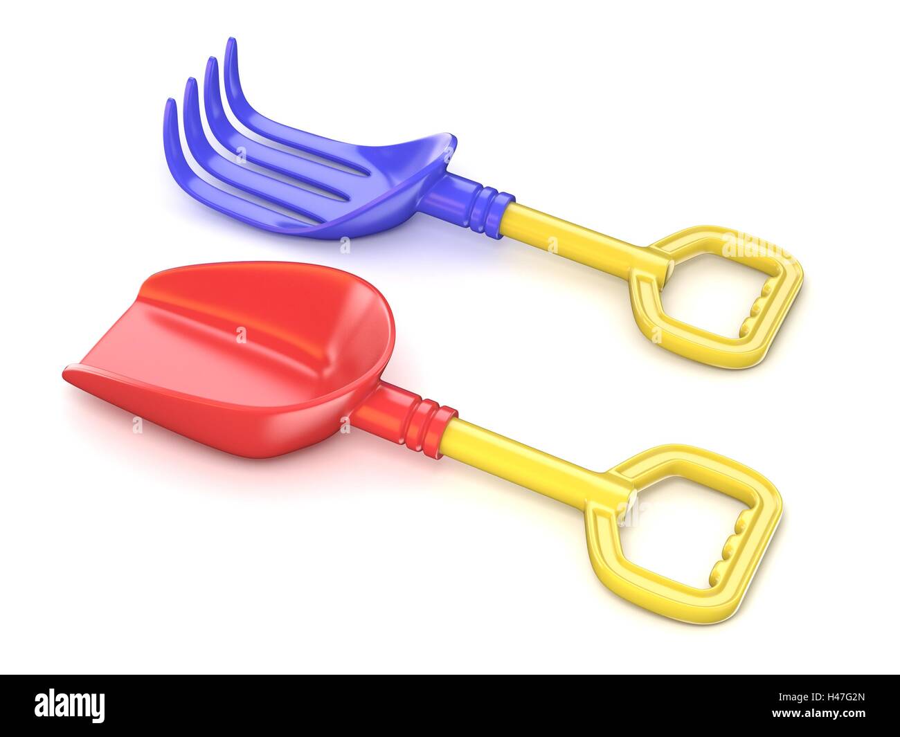 Plastic toy spade and rake. 3D render illustration isolated on white ...