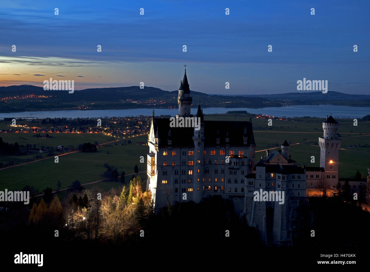 East Allgäu, castle Neuschwanstein, Forggensee, night, lighting, lock ...