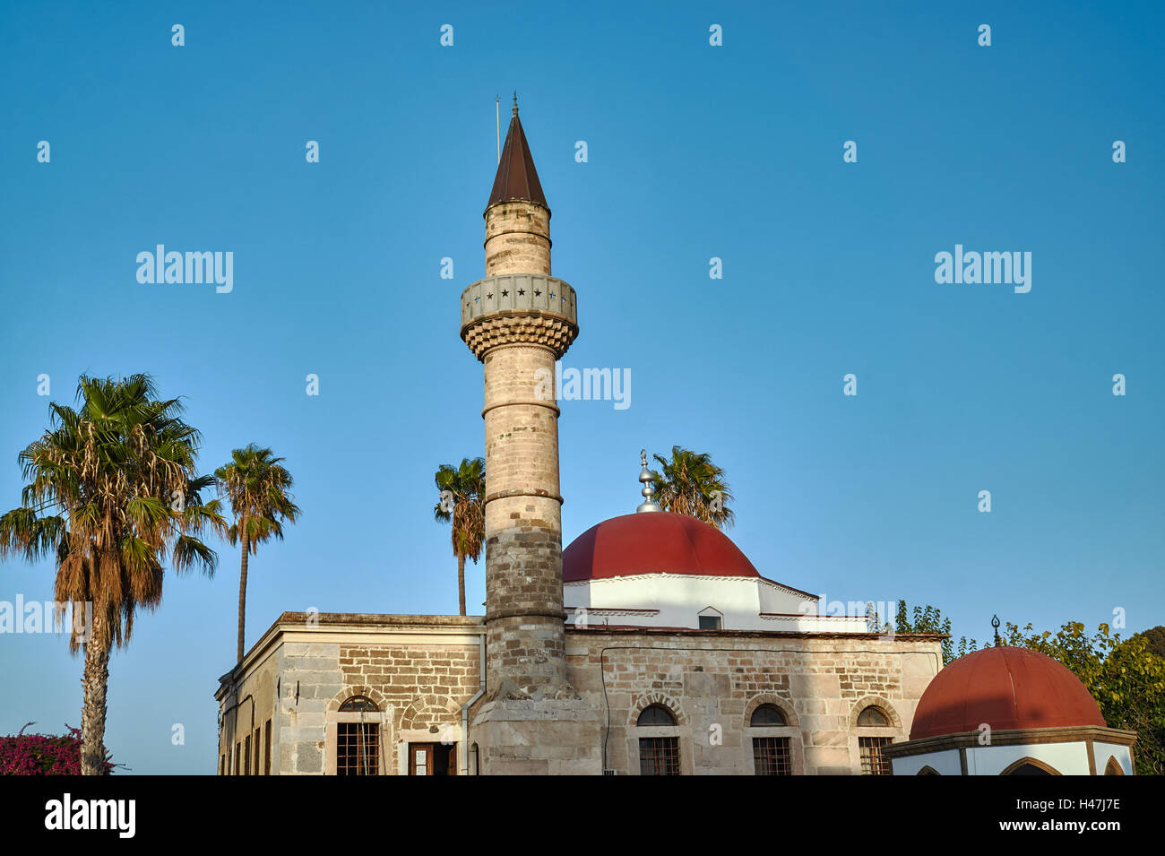 Palma and Turkish minaret in Kos in Greece Stock Photo - Alamy