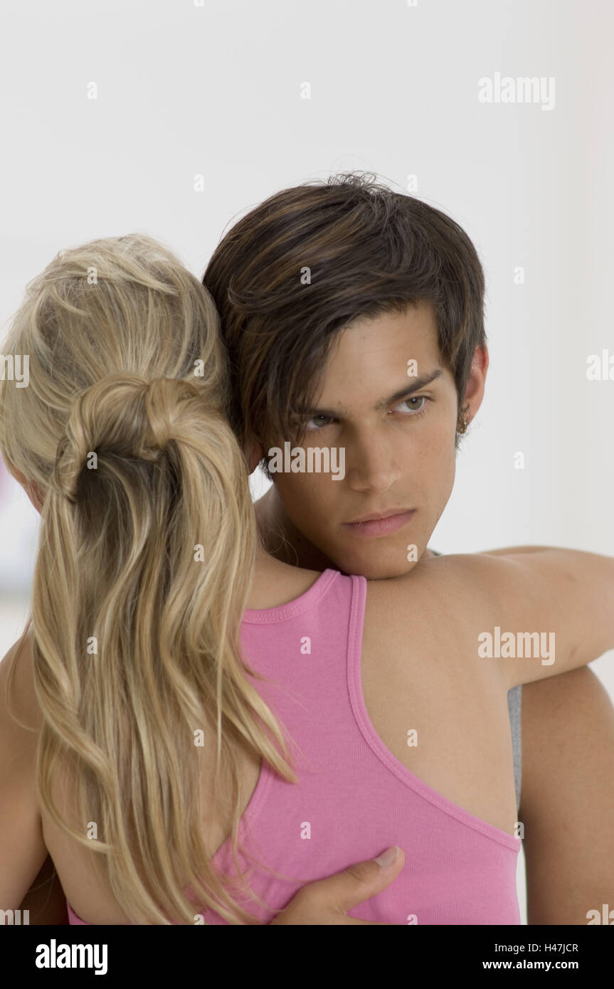 Boy, fall in love, couple, young, embrace, serious, portrait Stock ...