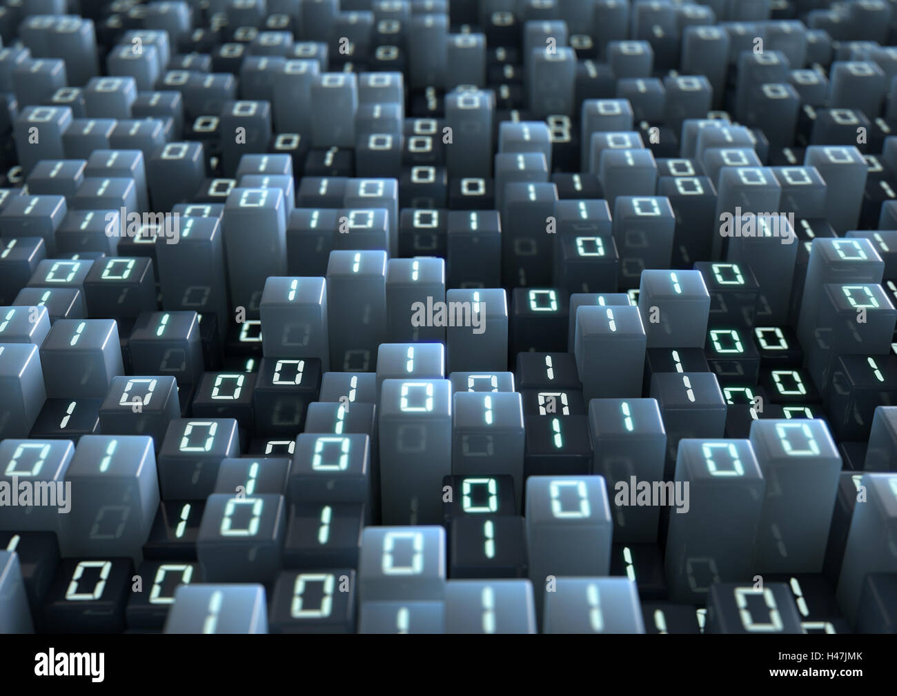 A 3D render of a microscopic closeup concept of small cubes in a random layout with illuminated ...