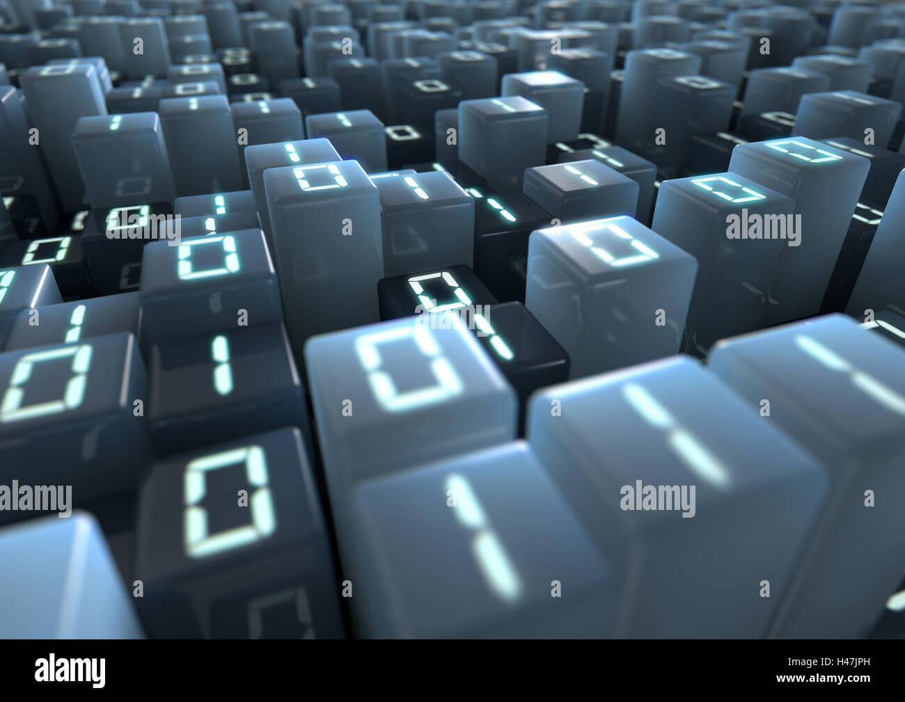 A 3D render of a microscopic closeup concept of small cubes in a random layout with illuminated ...