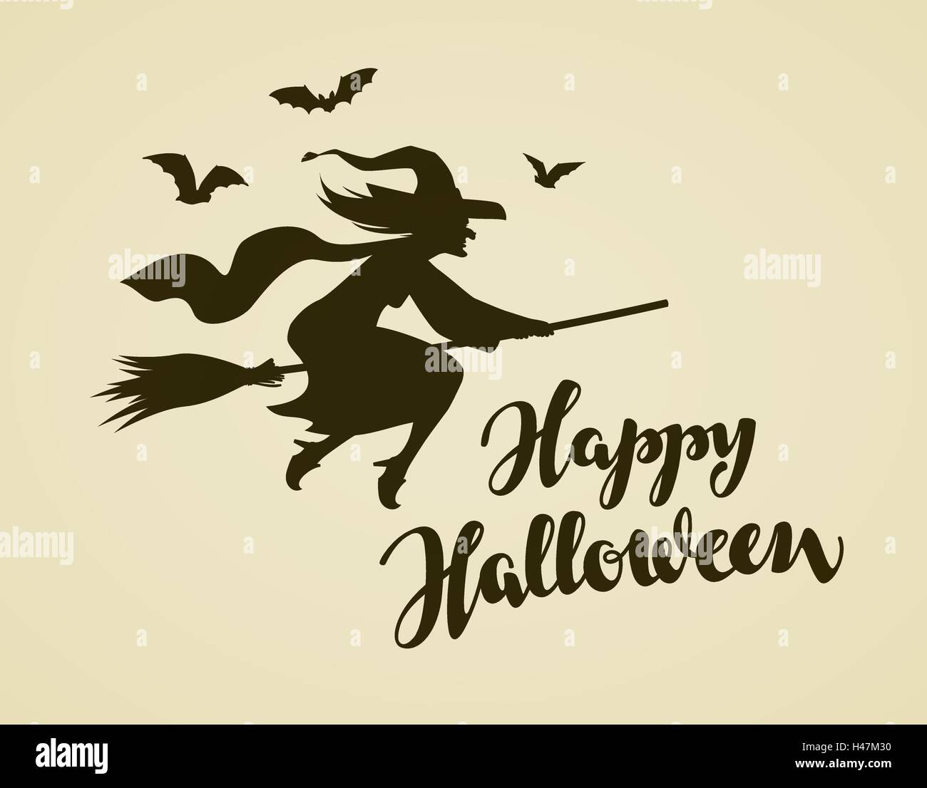 Happy Halloween greeting card. Witch flying on broomstick. Vintage ...